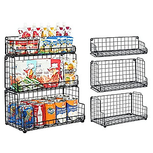 X-cosrack Stackable Wire Basket 3 Tier Countertop& Wall Mounted Metal Storage Basket for Kitchen Pantry Cabinet, Muti-functional Open Front Bin Organizer for Food Fruit Snack, Black