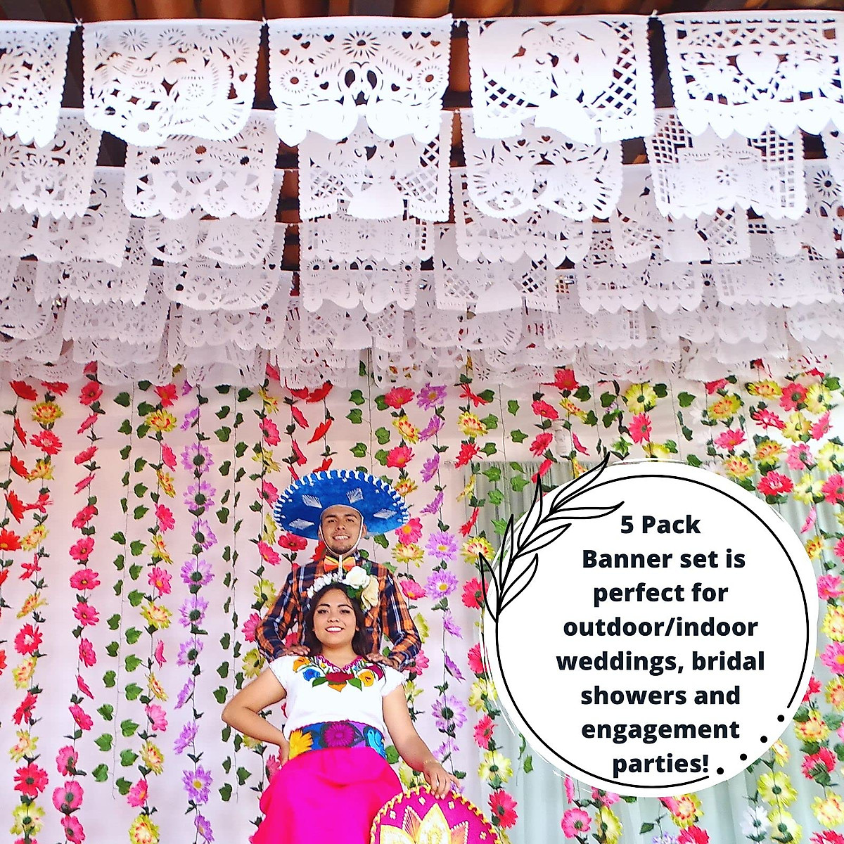5 Pk Mexican Plastic Banners, 75 ft Long White Mexican Wedding Garlands, Perfect for Rehearsals, Bridal Shower, Photo Booth Backdrop, Engagement Party, Wedding Backdrop Banner B41