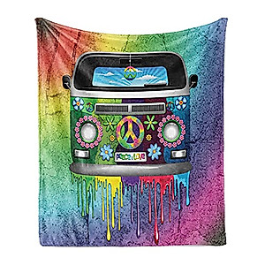 Ambesonne Groovy Throw Blanket, Old Style Hippie Van Dripping Rainbow Paint Mid 60s Youth Revolution Movement Theme, Flannel Fleece Accent Piece Soft Couch Cover for Adults, 70" x 90", Magenta