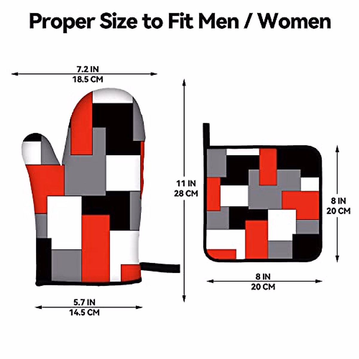 Red Black Grey White Oven Mitts and Pot Holders Sets of 4 Geometric Oven Gloves for Kitchen Baking Cooking Grilling (Red)