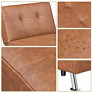 Yaheetech Convertible Sofa Couch Futon Bed Faux Leather Sofa Bed Sleeper Adjustable Loveseat Futon Couch Living Room Furniture with Chrome Metal Legs, Brown