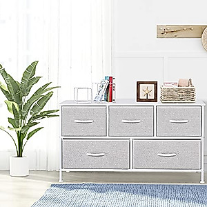 TOOCAPRO Short Fabric Dresser with 5 Drawers Dresser Organizer Large Capacity for Living Room Bedroom Closet Nursery Easy Pull Put Wooden Handles Light Gray 39“ 12” 22“