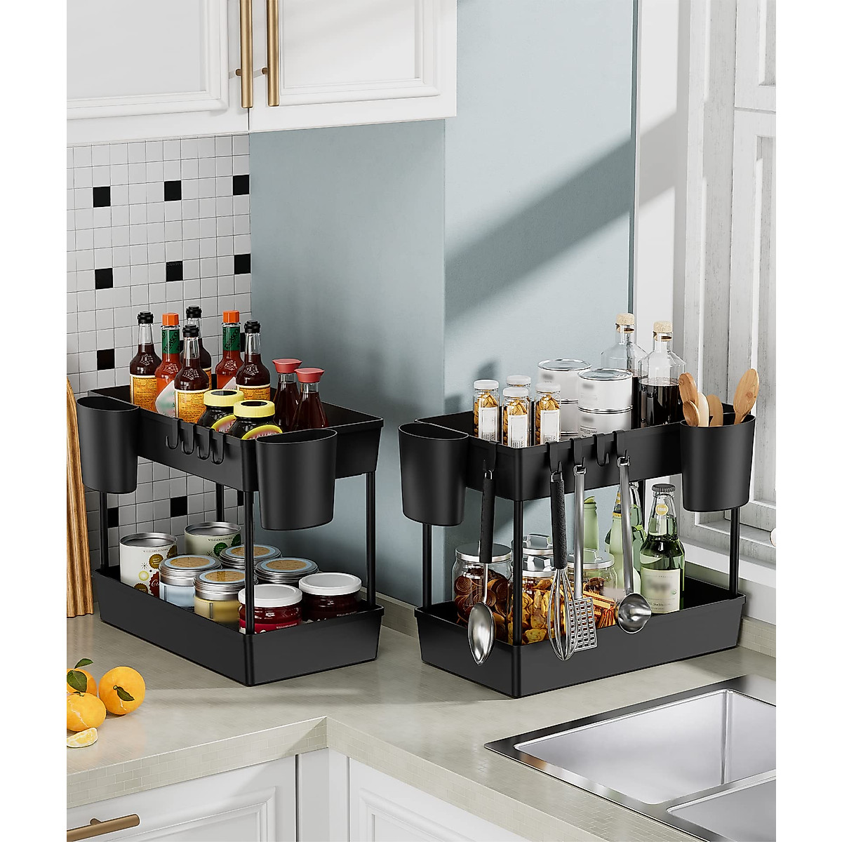 PTOJ Under Sink Organizer, 2 tier Kitchen Under Cabinet Countertop Organizers Storage Rack Basket with 10 Hooks and 4 Hanging Cup for Bathroom,Multi-Purpose Storage Shelf for Kitchen (2)