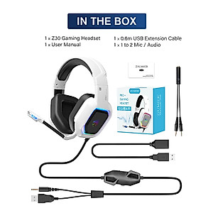 ZIUMIER Z30 White Gaming Headset for PS4, PS5, Xbox One, PC, Wired Over-Ear Headphone with Noise Isolation Microphone, RGB Flowing LED Light, Bass Surround Sound