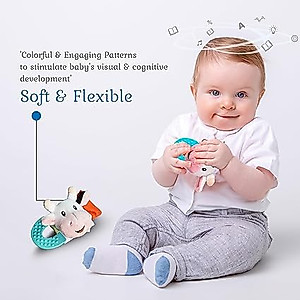 Wristy Buddy Teething Ring for Babies 0-6 8 10 12 Months | Cute Soft Cow Teething Toys & Gloves | Baby Teething Relief Toy Pack | Infant Chew Toys for 3-6 Months, 1 2 3 Years
