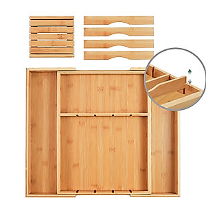 Expandable Bamboo Kitchen Drawer Organizer, Wencrfat Silverware Drawer Organizer with Removable Knife Block and Dividers, Flatware Utensil Cutlery Organizer for Drawer Tray(6-8 Slots)