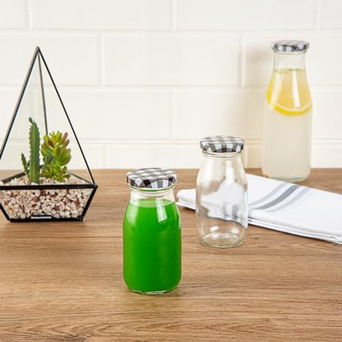 French Countryside 6 Ounce Glass Bottles, 10 Durable Juice Bottles - With Black Plaid Lid, Dishwashable, Clear Glass Countryside Bottles, For Hot And Cold Beverages - Restaurantware