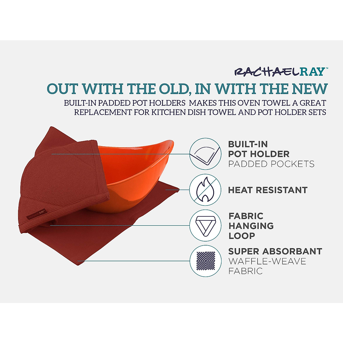 Rachael Ray Moppine Towel, 2pk- 2-in-1 Kitchen Towel and Pot Holder with 2 Heat Resistant Pockets to Grip Hot Cookware, Bakeware-Absorbent Kitchen Towels Perfect for Drying Dishes and Hands, Brick Red