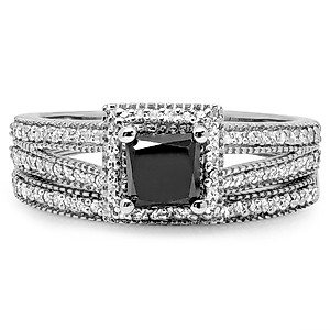 Dazzlingrock Collection 1.35 Carat (Cttw) Princess Black & Round White Diamond Split Shank Halo Wedding Ring Set for Women in 14K Solid White Gold, Size 8