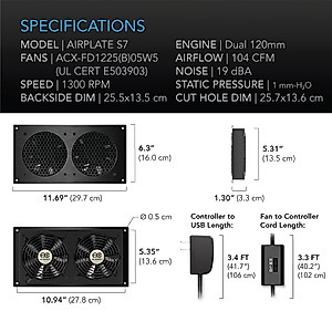 AC Infinity AIRPLATE S7, Quiet Cooling Fan System 12" with Speed Control, for Home Theater AV Cabinets