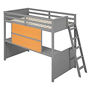 Lifeand Twin Size Loft Bed with Desk and Writing Board, Wooden Loft Bed with Desk,Gray