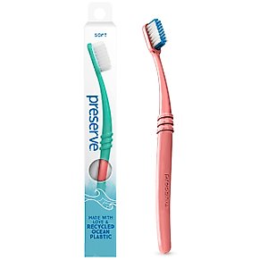 Preserve Ocean Plastic Initiative (POPi) Adult Toothbrush, Made in USA from Recycled Ocean Plastic, Coral, Soft, 1 Count