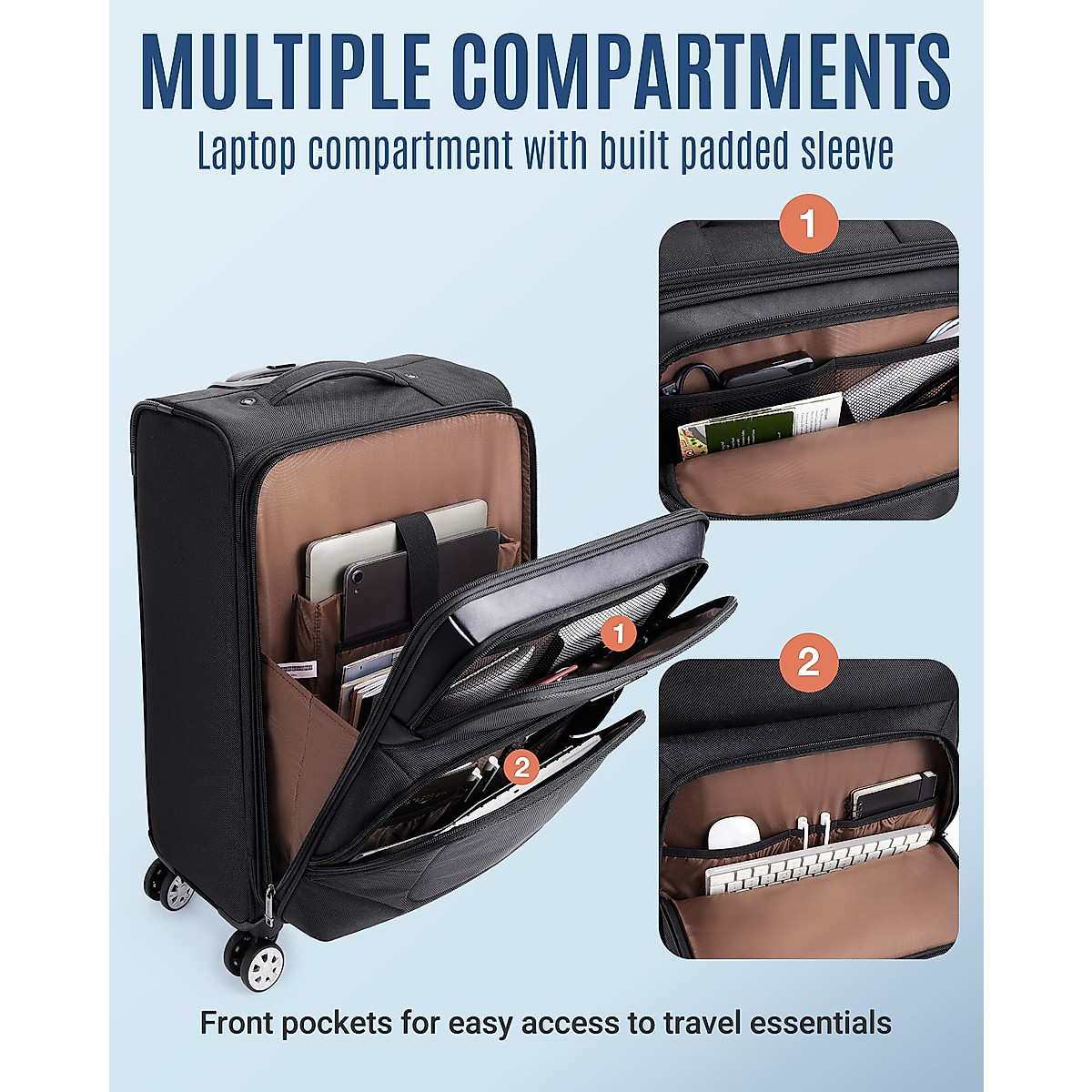 LIGHT FLIGHT 24 Inch Suitcase with Separate Compartment, Water-resistant Large Suitcase with Spinner Wheels, TSA Lock, Business Classic Travel Suitcase, Black