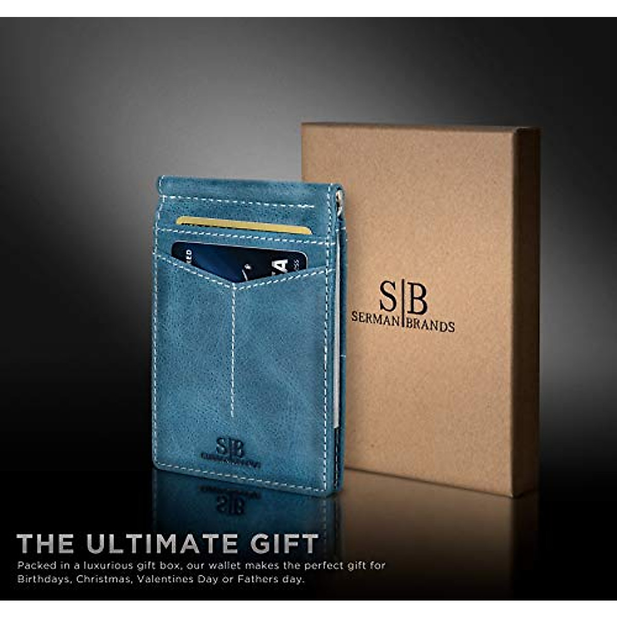 SERMAN BRANDS RFID Blocking Wallet Slim Bifold - Genuine Leather Minimalist Front Pocket Wallets for Men with Money Clip Gift (Arctic Blue Rogue)