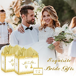 Wedding Gift Bag Bridal Shower Gift Bags Bride Gift Bag large Mrs and Mr Gift Bag White Gold Wrapping Paper Bag with Tissue Paper Card Bridal Anniversary Wedding Engagement Shower Gift Bag for Couple