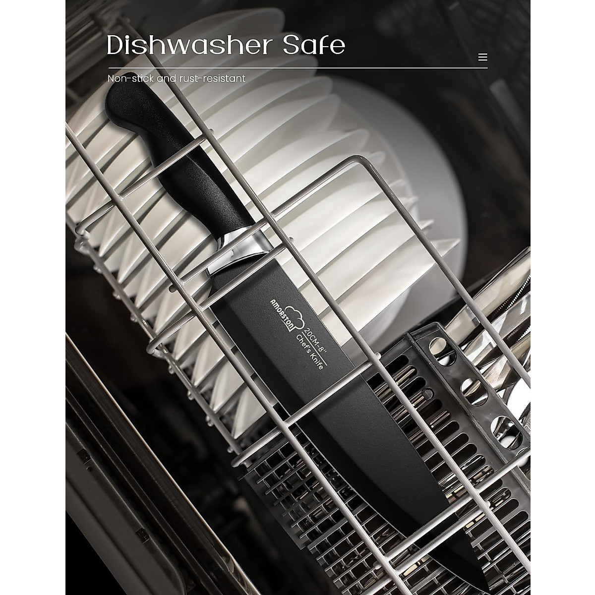 Knife Set, Amorston 15 Pieces Knife Sets for Kitchen with Block, Dishwasher Safe Kitchen Knife Set with Built in Sharpener Block, German Stainless Steel Knife Block Set, Black