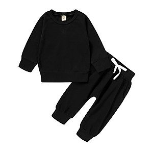 Happy Town Fall Outfits for Toddler Girl Boy Long Sleeve Top and Long Pants Set Toddler Sweatsuits (Solid Color Black, 3-4 T)