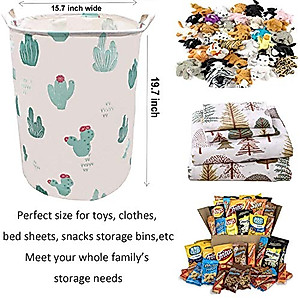 Large Storage Bins 19.7x15.7 Inch, ZUEXT Waterproof Foldable Cotton Canvas Fabric Storage Bin, Collapsible Round Clothes Laundry Hamper w/Leather Handles, Cactus Storage Basket, Toy Books Holder