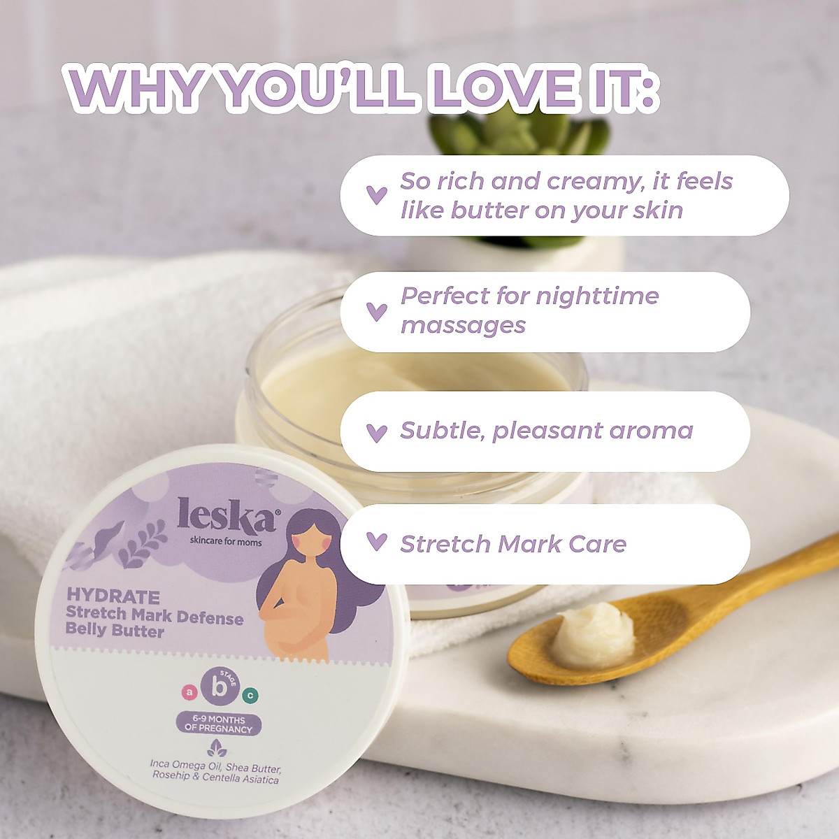Leska Maternity Stretch Mark Belly Butter | STAGE B: HYDRATE Stretch Mark Defense Belly Butter (Pregnancy Months 6-9) | Part of a Complete 3 Part Pregnancy Skin Care System | New Mom Gifts (4.93oz)