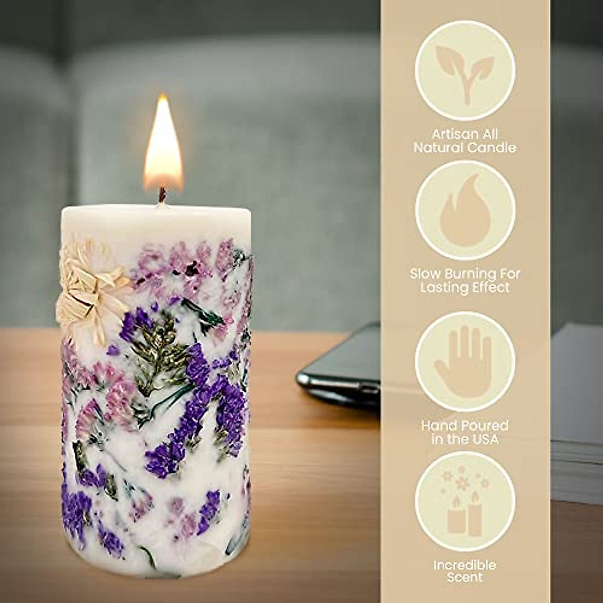 Vionami Aloha Kiwi Passionfruit Scented Pillar Candle with Dried Flowers - Long Burning Natural Soy Wax Scented Candle for Home - Gift-Boxed Hand Poured Luxury Candle with Paper Core Wick (Forget Me)