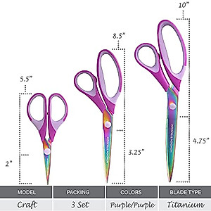 BambooMN Titanium Softgrip Scissors Set for Sewing, Arts, Crafts, Office - 1 Set of 3 - Purple