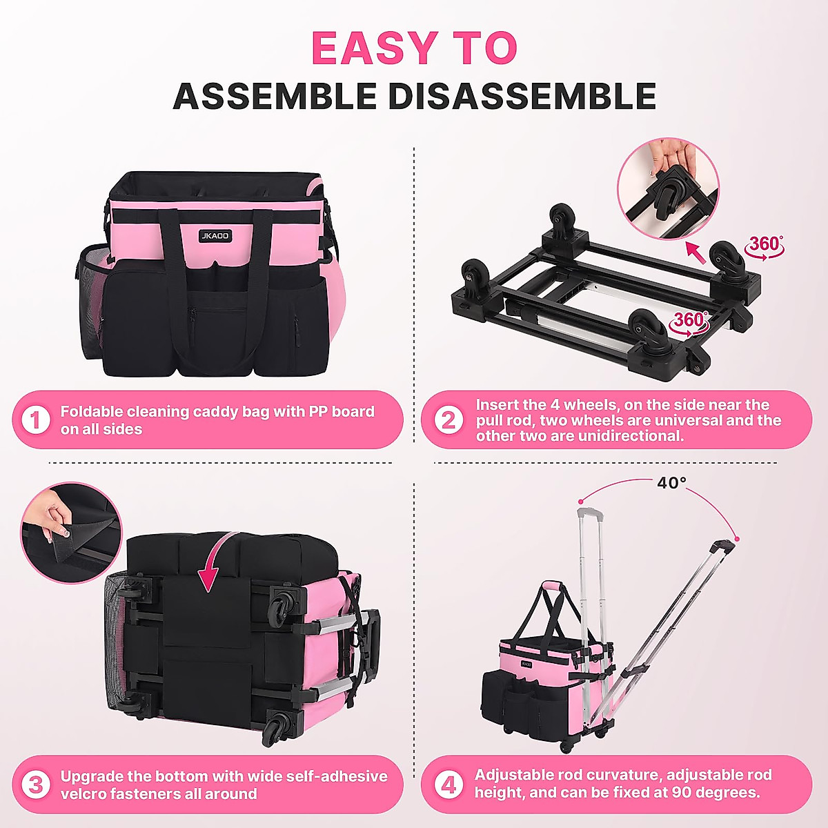 JKAOO Large Rolling Cleaning Caddy Bag with Detachable Trolley, Waterproof Cleaning Caddy on Wheels for Housekeepers, Cleaning Cart Supplies Organizer for Home,Car,Office,Picnic (Pink) (in Patent)