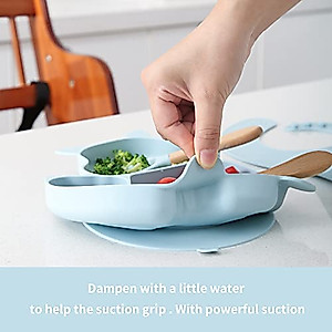 Silione Baby Feeding Set Including Baby Suction Plate/Todder Plates For Self Feeding Training With Divided Design/Soft spoon/Fork/Adjustable Bib Toddler Dish Kit(Grey C)