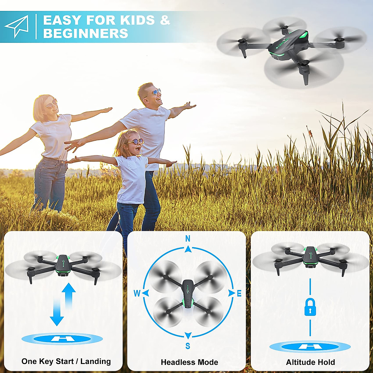 Hiturbo Drone with 1080P Camera for Adults & Kids, Foldable FPV Remote Control Quadcopter Voice Control, Gestures Selfie, Altitude Hold, One Key Start, 3D Flips, 2 Batteries, Green Black