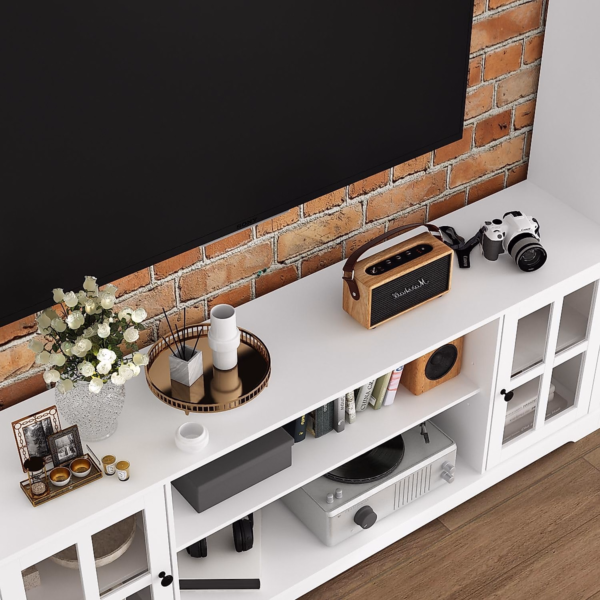 DiDuGo Large Entertainment Center with Bookshelves & Glass Doors, 66.9x43.3 inch Hutch Space for TV, Living Room Entertainment Center with Storage, White (102”W x 14.6”D x 78.2”H)