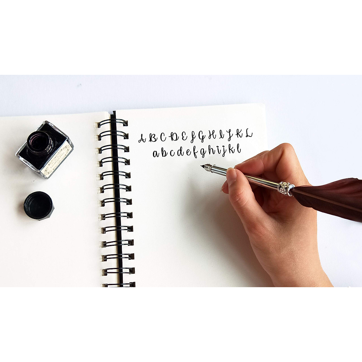 Quill Pen and Ink Set Turkey Feather Pen with 5 Steel Replacement Nibs and Dip Ink Bottle in Vintage Gift Box for Antique Calligraphy - Brown