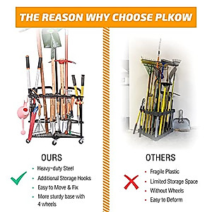 PLKOW Garden Tool Organizer with Wheels and Storage Hooks, Rolling Corner Tool Storage Rack for Garden, Shed, Garage, Powder Coated Steel, Black