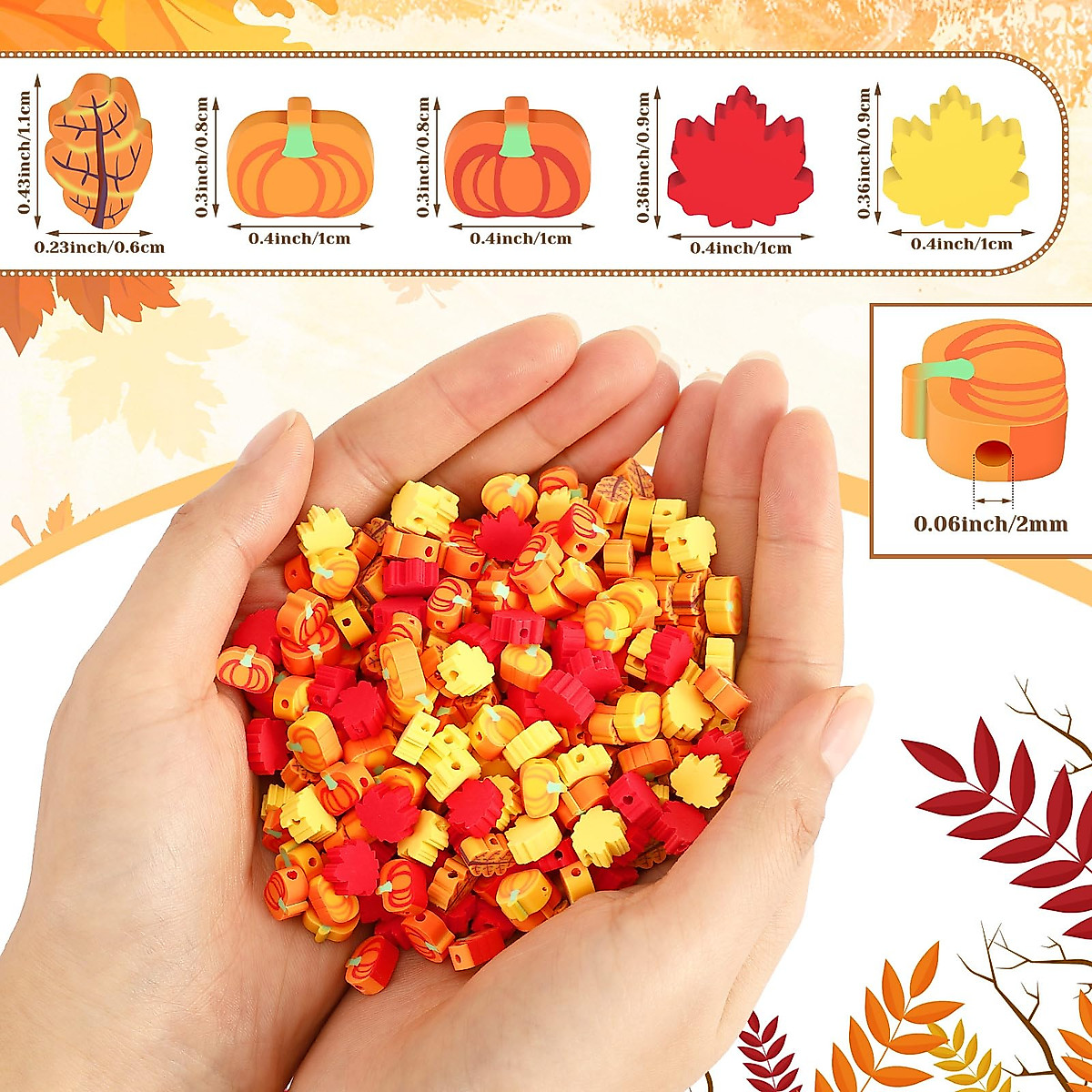 SEPGLITTER Fall Polymer Clay Beads, 300pcs Thanksgiving Fall Leaf Pumpkin Clay Beads for Jewelry Making Autumn DIY Bracelet Necklace Accessories Craft Party Supplies