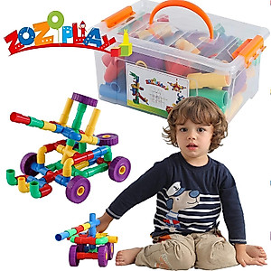ZOZOPLAY STEM Learning Toy Tubular Pipes & Spouts & Joints 96 Piece Build Bicycle, Tank, Scootie, Moter Skills Endless Designs Educational Building Blocks Set for Kid Ages 3+ Multicolor