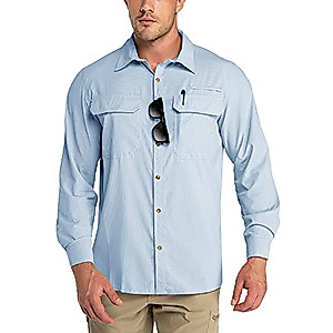 Outdoor Ventures Men's UPF 50+ UV Sun Protection Shirt, Long Sleeve Hiking Fishing Shirt Cooling Quick Dry for Safari Travel Light Blue