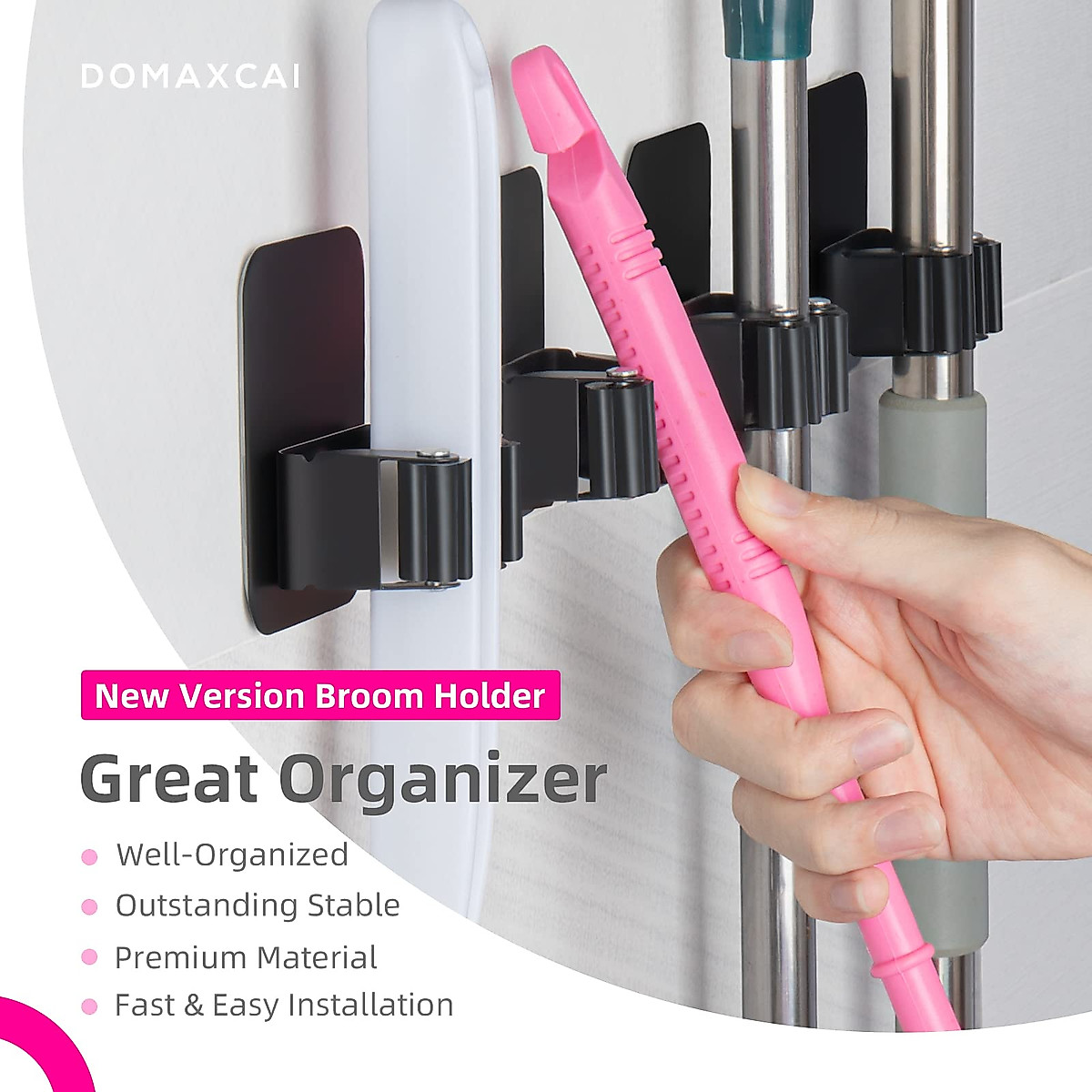DOMAXCAI 4 Pack Broom Holder Wall Mount, Improved Broom Holder, Super Anti-Slip Mop and Broom Holder Wall Mount, Broom Hanger Gripper for Kitchen, Bathroom, Closet, Garden Garage, Black