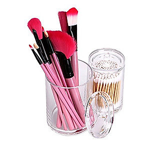 Hipiwe Clear Acrylic Cotton Swab Holder Preminm Quality Round Container Cotton Pad Q-tip Organize Case for Make Up Brush Clear Apothecary Jar
