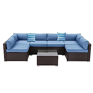 SUNBURY Outdoor Sectional 7-Piece Espresso Brown Wicker Sofa Patio Furniture Set w 2 Stripe Pillows, Denim Blue Cushions, Tempered Glass Table, Weatherproof Cover for Backyard