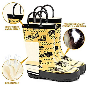 ADAMUMU Toddler Kids Rain Boots Childrens Waterproof Rubber Shoes with Easy-On Handles Lightweight in Cartoon Patterns for Boys & Girls A-Yellow