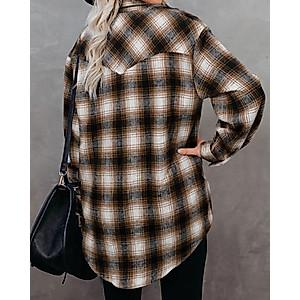 BTFBM Womens Plaid Jacket Long Sleeve Button Down Casual Flannel Shacket Shirts Loose Fall Spring Blouses Tops 2025(Plaid Brown, Large)