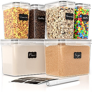 Simple Gourmet Airtight Food Storage Containers - Set of 6 Flour and Sugar Canisters for Pantry Storage and Organization - Marker & Labels Included