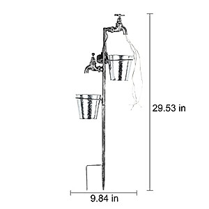 MorTime Solar Faucet Garden Stake with Two Planters, LED Lights Flowing Water Retro Metal Faucet Yard Stake Outdoor Plant Holder Flower Pots for Lawn Garden Decorations