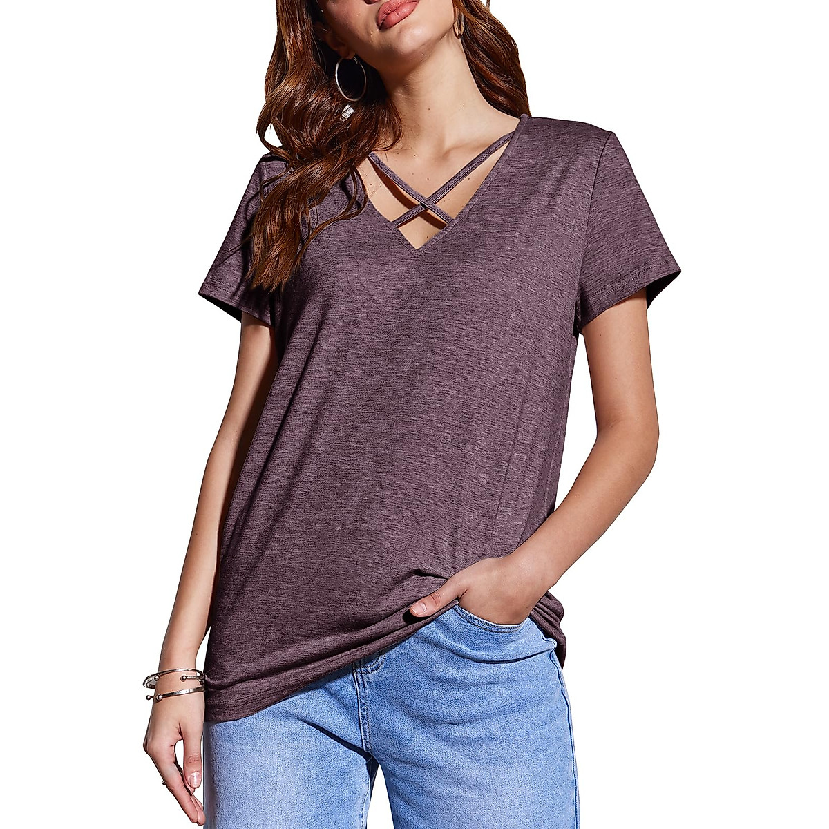 Esobo Women T Shirts 2024 Summer Tops Loose Short Sleeve Tee Casual V Neck Tunics Sexy Crisscross Cute T Purple L