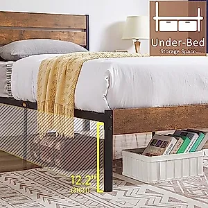 VECELO Platform Twin Bed Frame with Rustic Vintage Wood Headboard and Footboard, Mattress Foundation, Strong Metal Slats Support, No Box Spring Needed