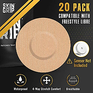 Skin Grip Adhesive Patches for Freestyle Libre 2 – Waterproof & Sweatproof for 10-14 Days, Pre-Cut Adhesive Tape, Continuous Glucose Monitor Sensor Cover – 20 Pack, Tan