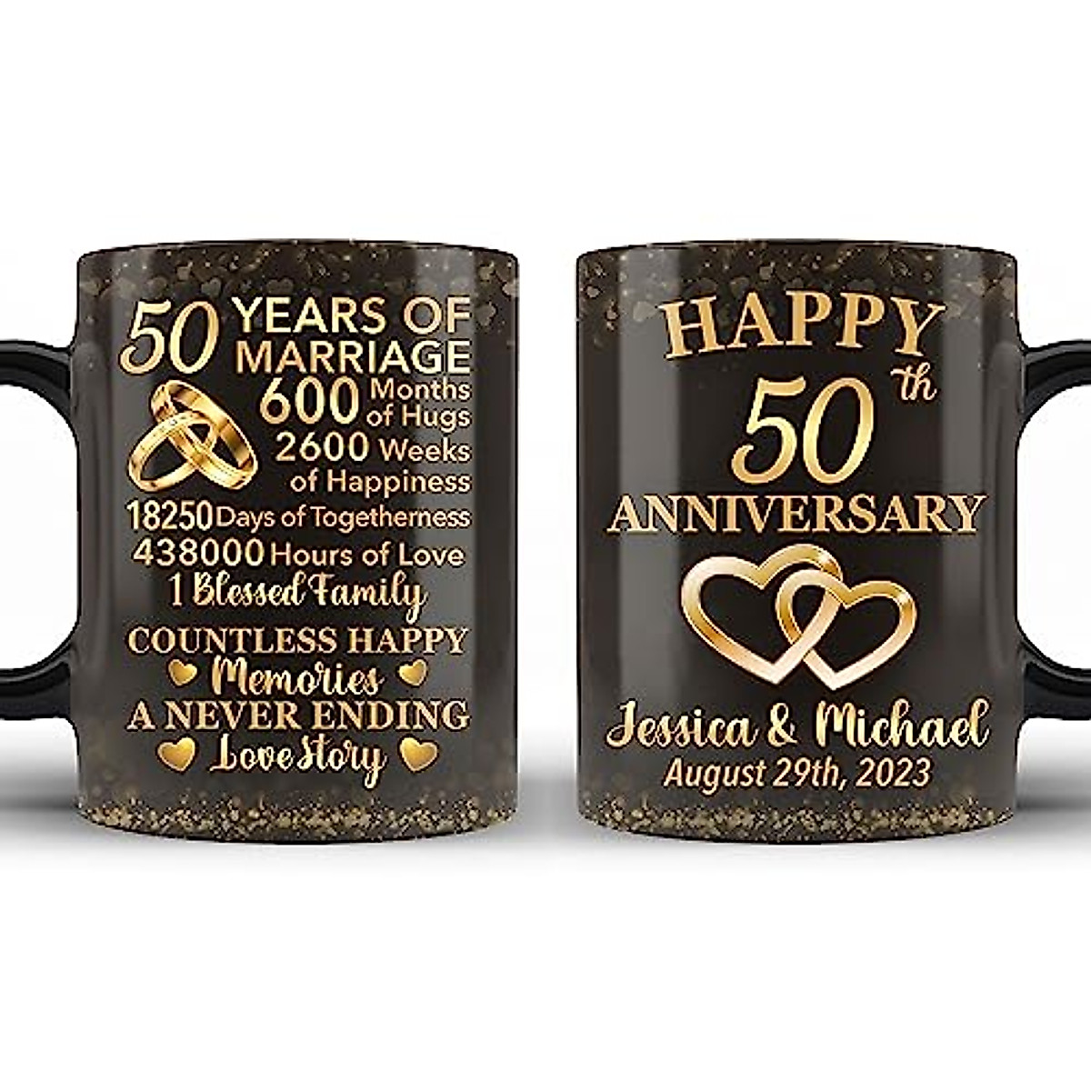 50 Years of Marriage Gift Personalized Coffee Mug Happy 50th Anniversary Travel Cups Wedding Celebration for Couple Husband Wife Mom Dad Birthday Valentines Floral Ceramic Drinking Tea Cup 15oz 11oz