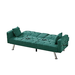 Eafurn Linen Upholstered Convertible Folding Futon Bed, Button Tufted Loveseat Compact Living Space, Apartment, Dorm, Bonus Room w/Metal Legs, 2 Cupholders,Comfy Sofa & Couches, Green 75.59"