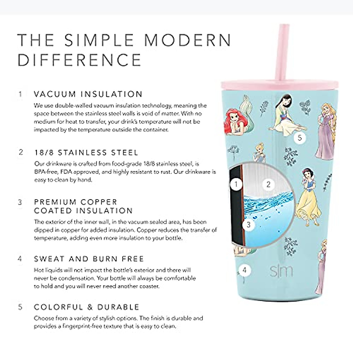 Simple Modern Disney Insulated Tumbler Cup with Flip Lid and Straw Lid | Gifts for Women Men Reusable Stainless Steel Water Bottle Travel Mug | Classic Collection | 16oz Princesses Royal Beauty