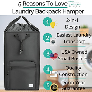 Terra Home College Essentials Travel Size Laundry Backpack - Portable, Durable, Foldable - Laundry Bag with Pockets for College Dorms - Extra Large Laundry Carrying Bag with Strap (Black)