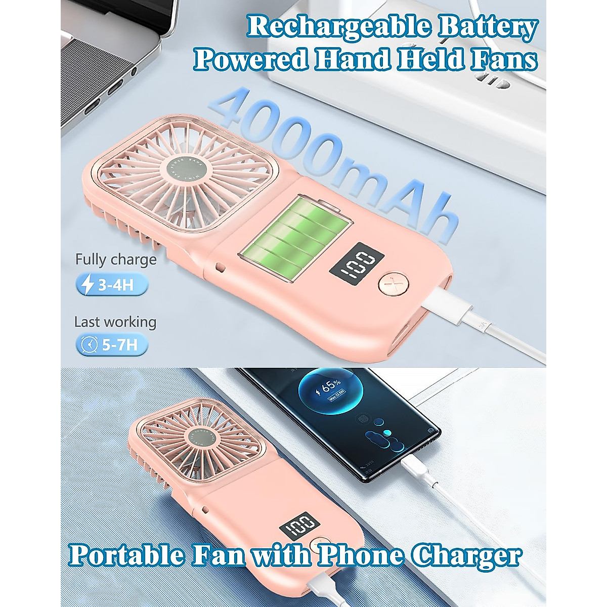 Handheld Fan Rechargeable,Portable Fan Battery Operated Fan with LED Display,Mini Small Hand Fan Foldable Fan with Power Bank, 4000mAh Travel Fan Personal Fans,Makeup Lash Fan for Girls Women Kids