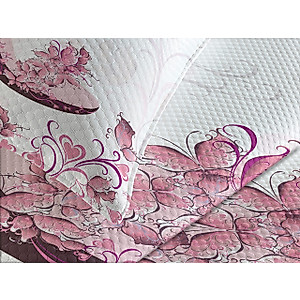 Lunarable Pink and Bedspread, Ornamental Butterflies and Hearts on a High Heel Shoe Feminine Pattern, Decorative Quilted 3 Piece Coverlet Set with 2 Pillow Shams, Queen Size, Pink